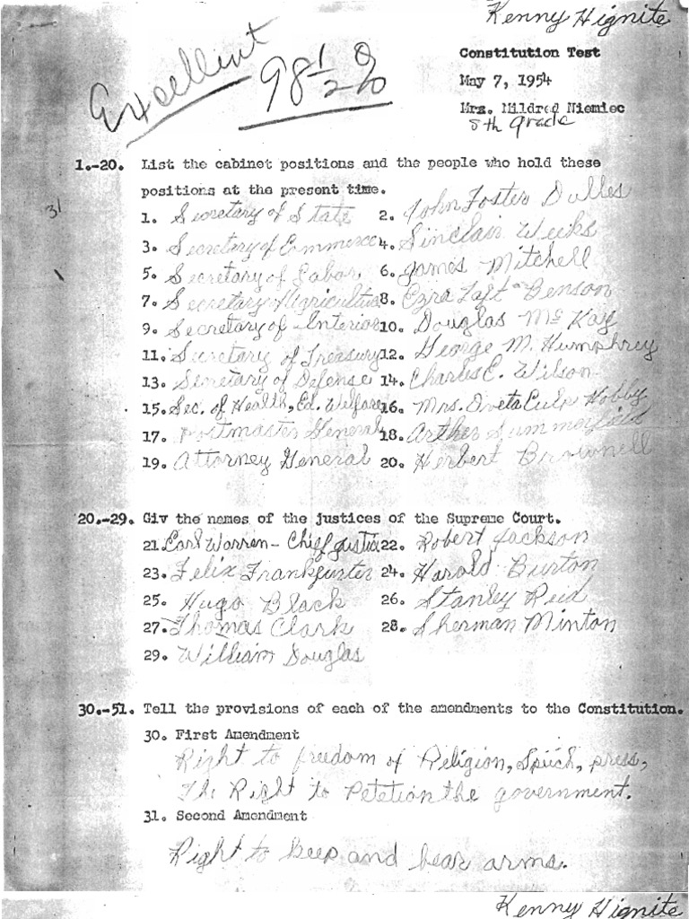 Constitution Test Kenny Hignite 8th Grade 101Qs 1954 CA 6pgs EDU