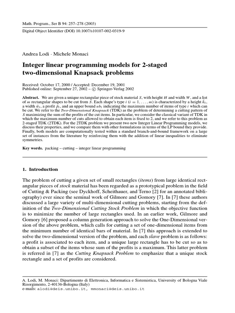 Lodi, A., & Monaci, M. (2003) - Integer Linear Programming Models For 2-Staged Two-Dimensional ...