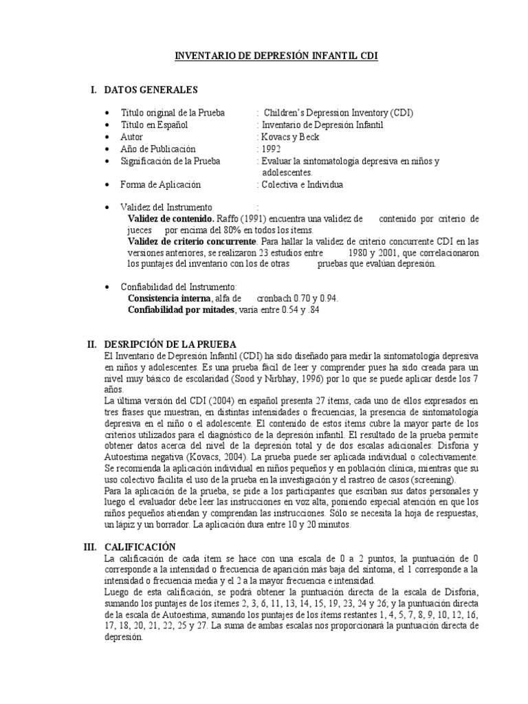 Cuestionario de Depresion Infantil (CDI) | PDF
