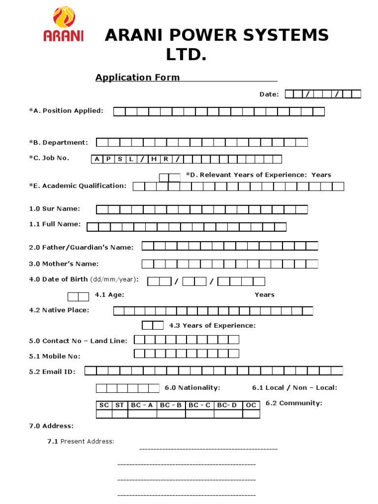 Arani Power Systems LTD.: Application Form | PDF | Government And ...