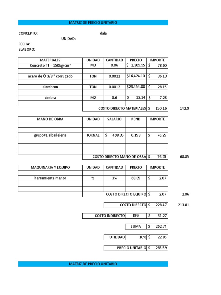 Matriz de Precio Unitario | PDF | Ingeniería estructural | Ingeniería ...