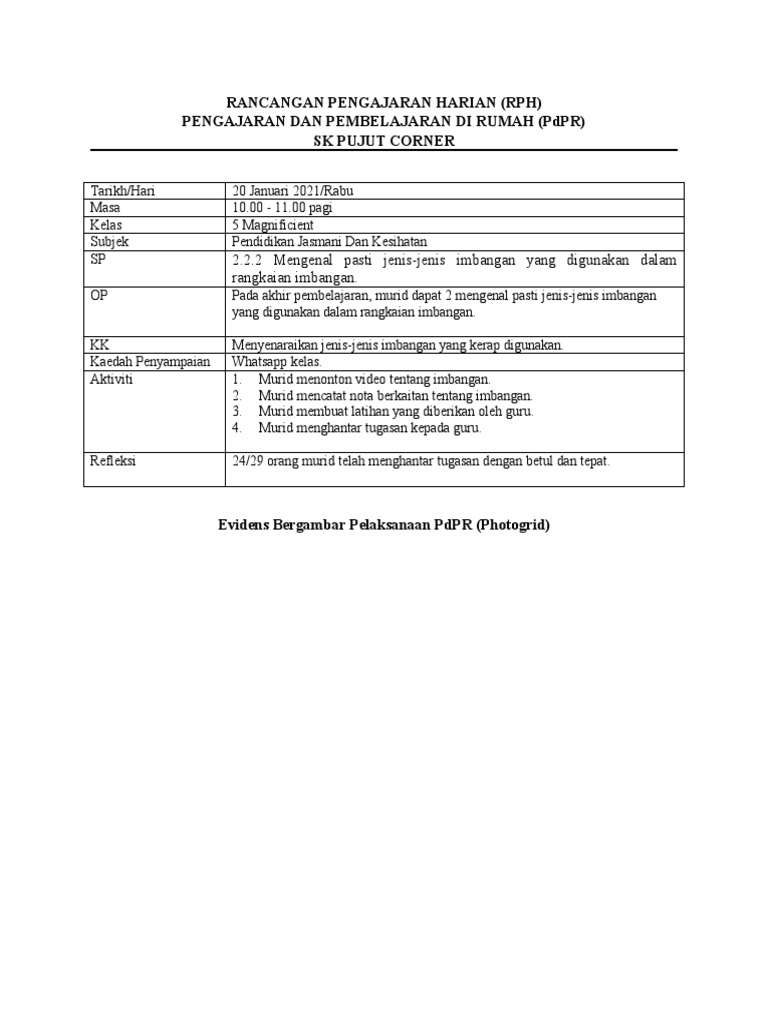 Contoh RPH PDPR PJPK 5M (M1) | PDF