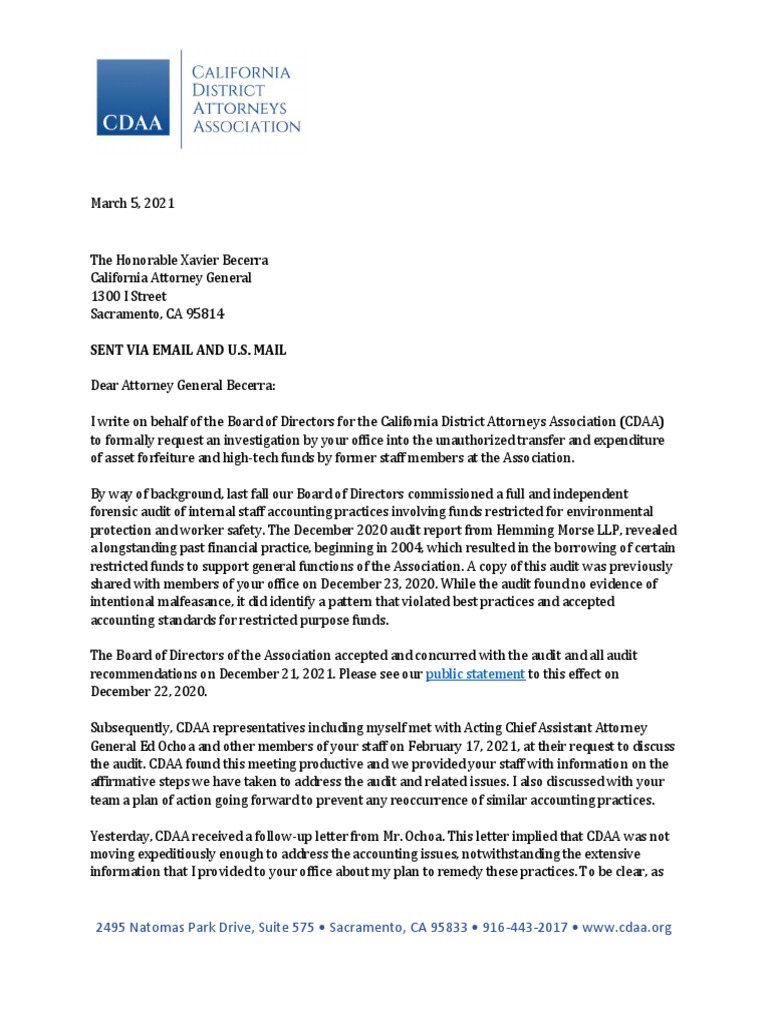 CDAA Letter To AG 3-5-2021 | PDF | Asset Forfeiture | Audit