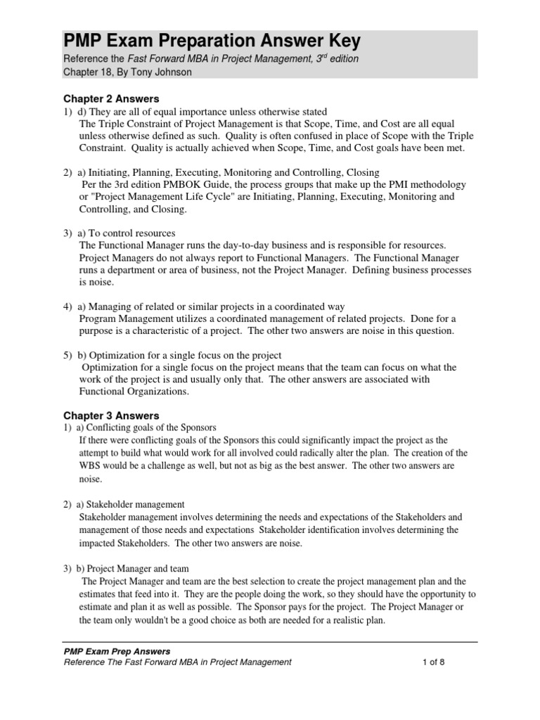 PMP Exam Preparation Answer Key: Chapter 2 Answers | PDF | Risk ...