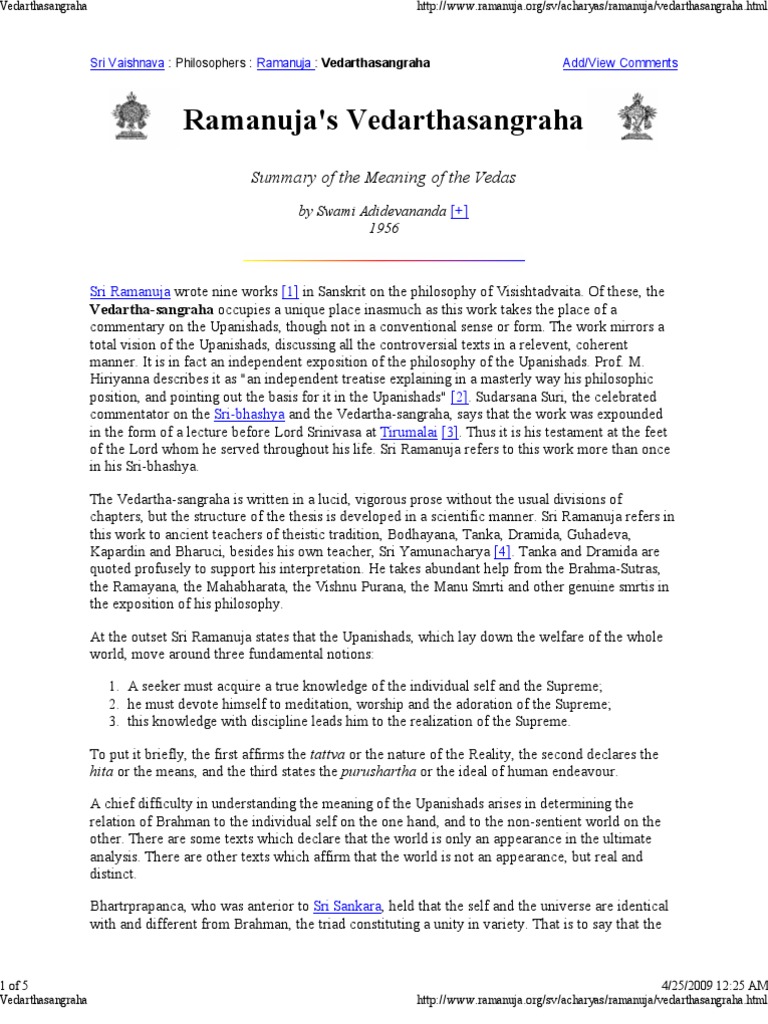 Vedarthasangraha of Sri Ramanuja - by Swami Adidevananda | PDF | Brahman | Ātman (Hinduism)
