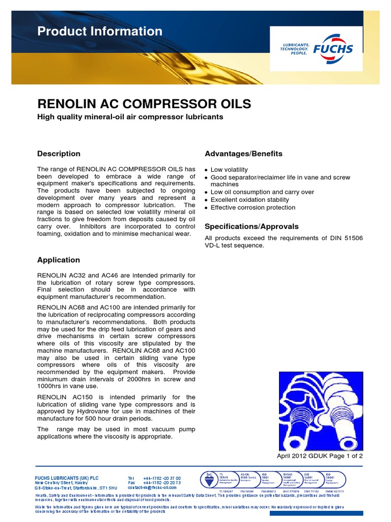 Renolin Ac Compressor Oils: Product Information | PDF | Lubricant ...