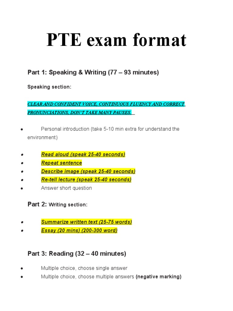 PTE Exam Format: Part 1: Speaking & Writing (77 - 93 Minutes) | PDF ...