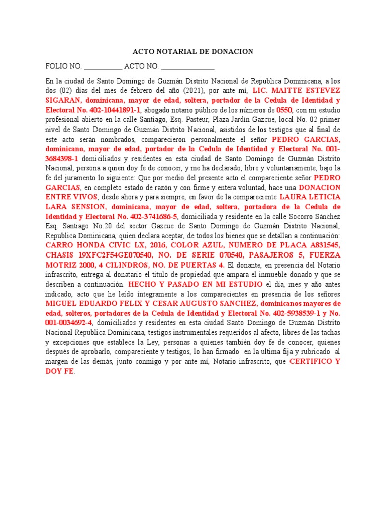 Acto Notarial de Donacion | PDF | República Dominicana | Donación