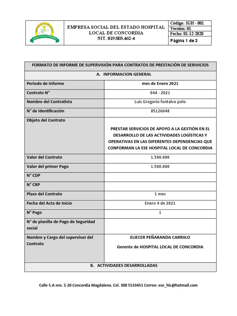 Formato Informe de Actividades Contratista C | PDF | Gobierno | Salario ...