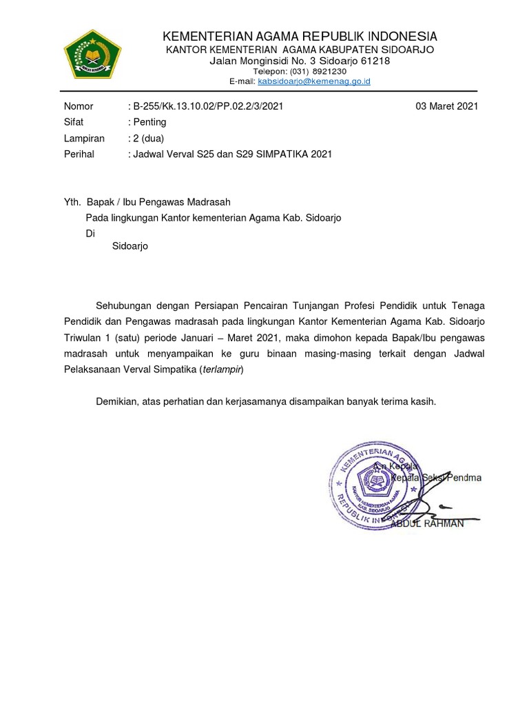 Jadwal Verval S25 dan S29 SIMPATIKA 2021 Kantor Kabupaten Sidoarjo | PDF