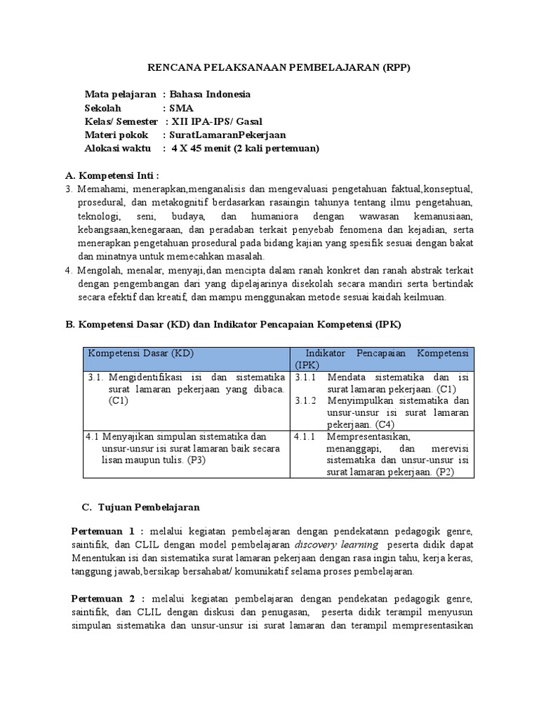 RPP Surat Lamaran Pekerjaan KD 3.1 Dan 4.1 Kelas XII K 13 2018-2019 | PDF
