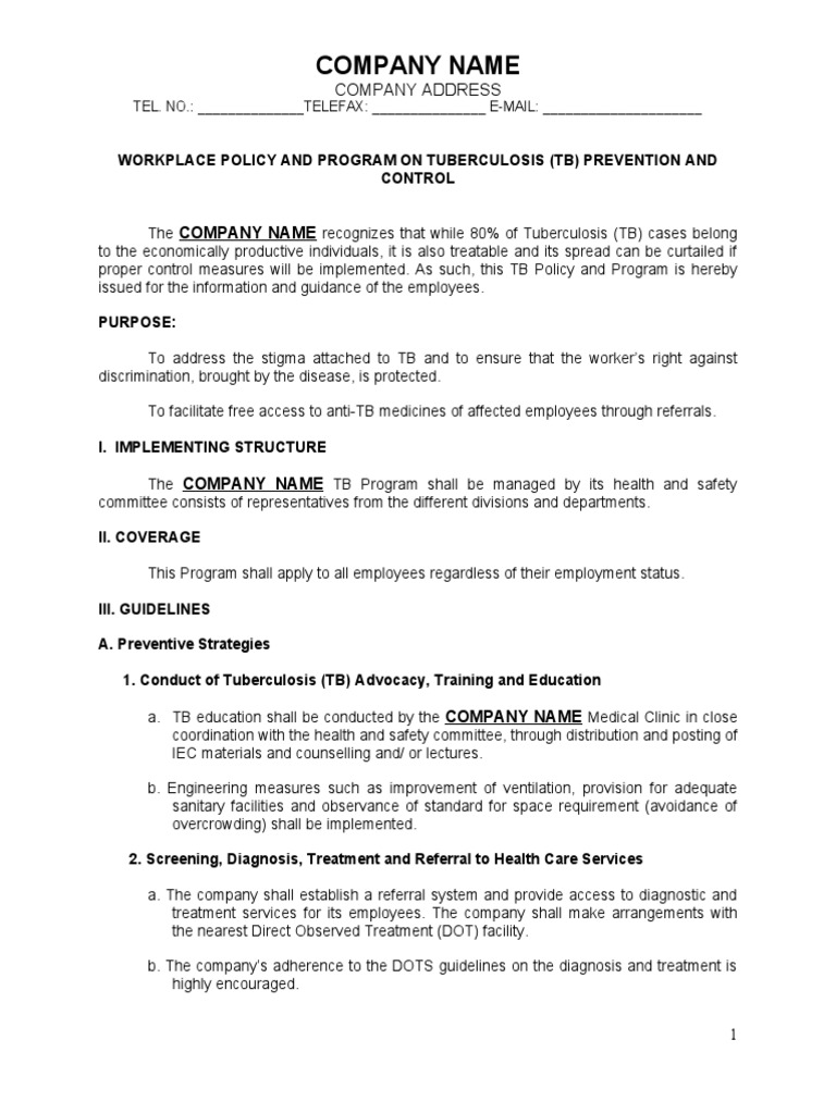 Tuberculosis (TB) Prevention and Control Workplace Policy and Program ...