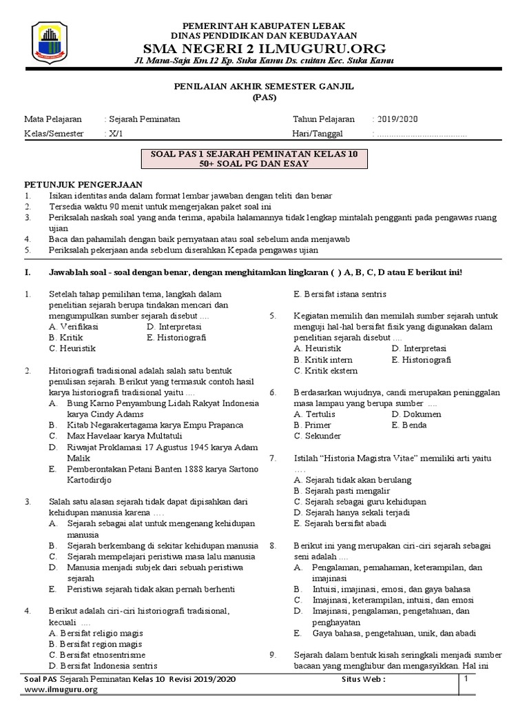 Ilmuguru - Org - Soal PAS 1 Sejarah Peminatan Kelas 10 | PDF