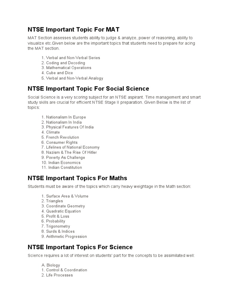NTSE Important Topic For MAT | PDF | Science & Mathematics | Technology ...