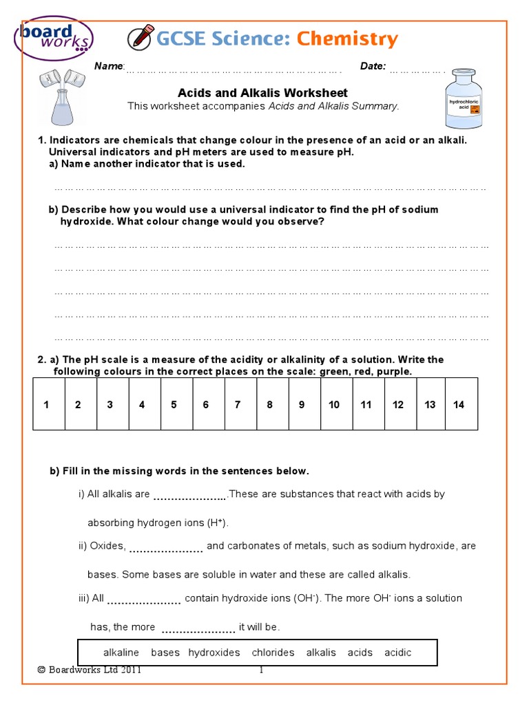 Acids and Alkalis Worksheet: Name: . Date | PDF | Hydroxide | Sets Of ...