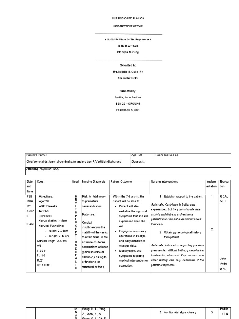 Nursing Care Plan for Incompetent Cervix | PDF | Childbirth | Preterm Birth