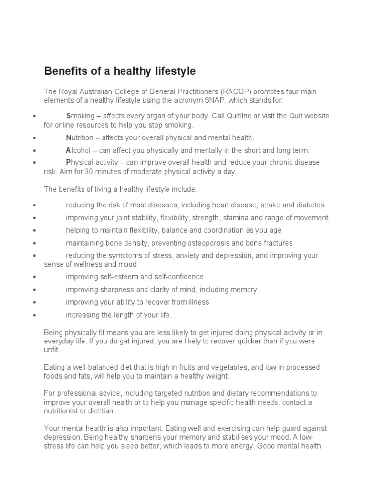 RACGP SNAP Healthy Lifestyle Benefits | PDF | Hygiene | Mental Health