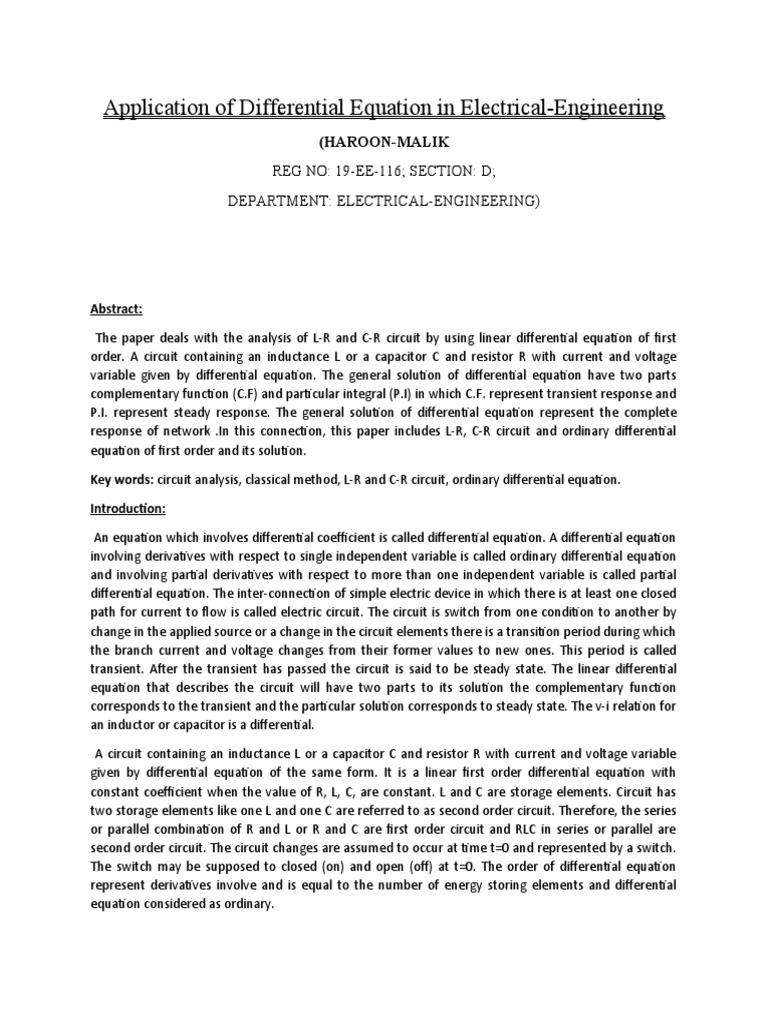 Application of Differential Equation in Electrical | PDF | Electrical ...