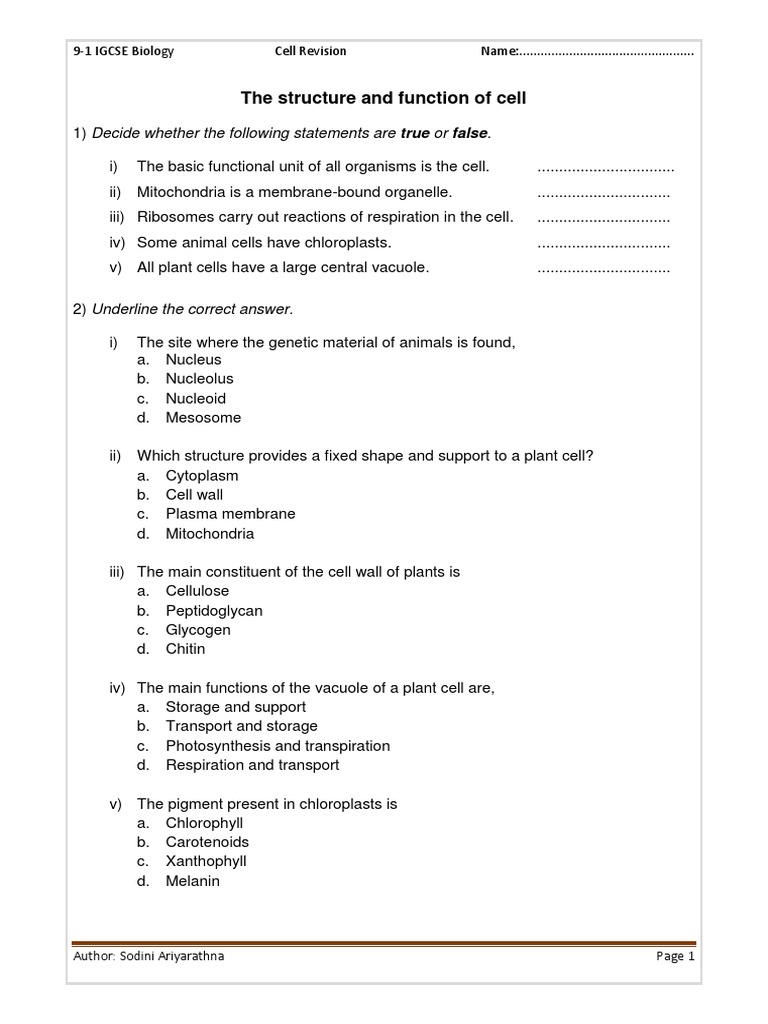 Cell Revision Worksheet | Download Free PDF | Chloroplast | Cell (Biology)