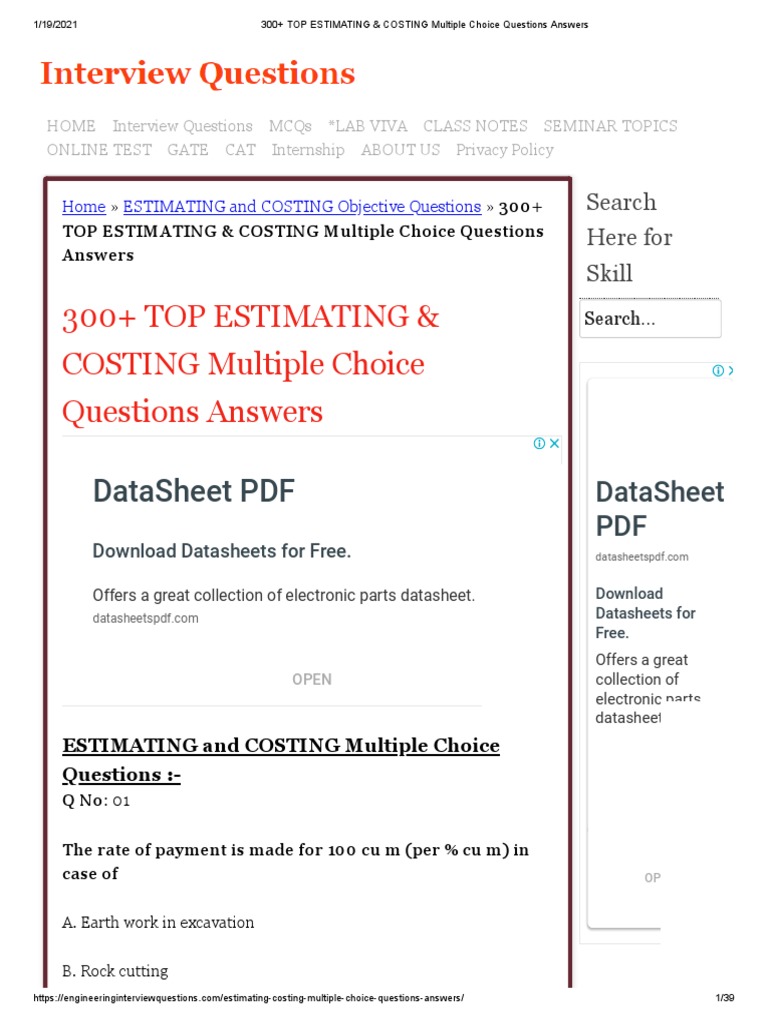 300+ TOP ESTIMATING & COSTING Multiple Choice Questions Answers | PDF ...