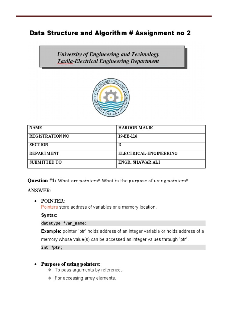 Dsa Assignment No 2 Haroon Malik 19 Ee 116 Pdf Pointer Computer Programming Array Data