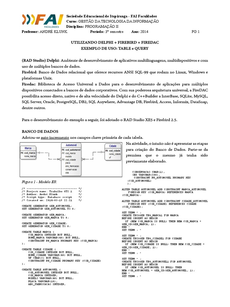 Utilizando Delphi Firebird Firedac Exemplo De Uso Table E Query Pdf Sql Tabela Banco 