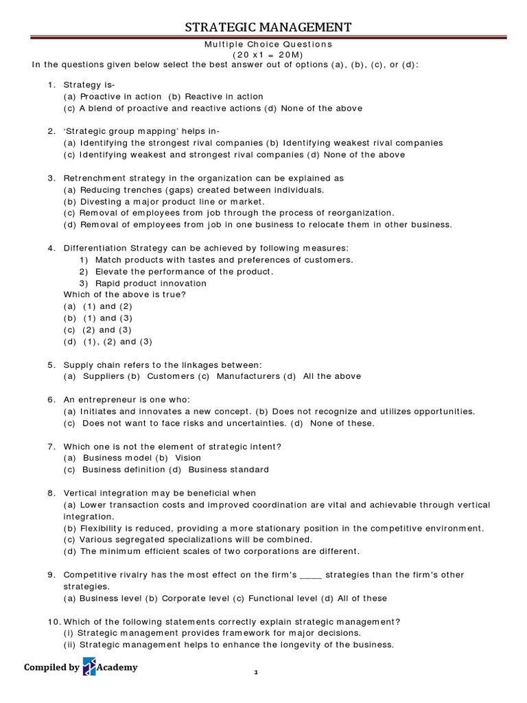 Strategic Management: Multiple Choice Questions (20 x1 20M) | PDF ...