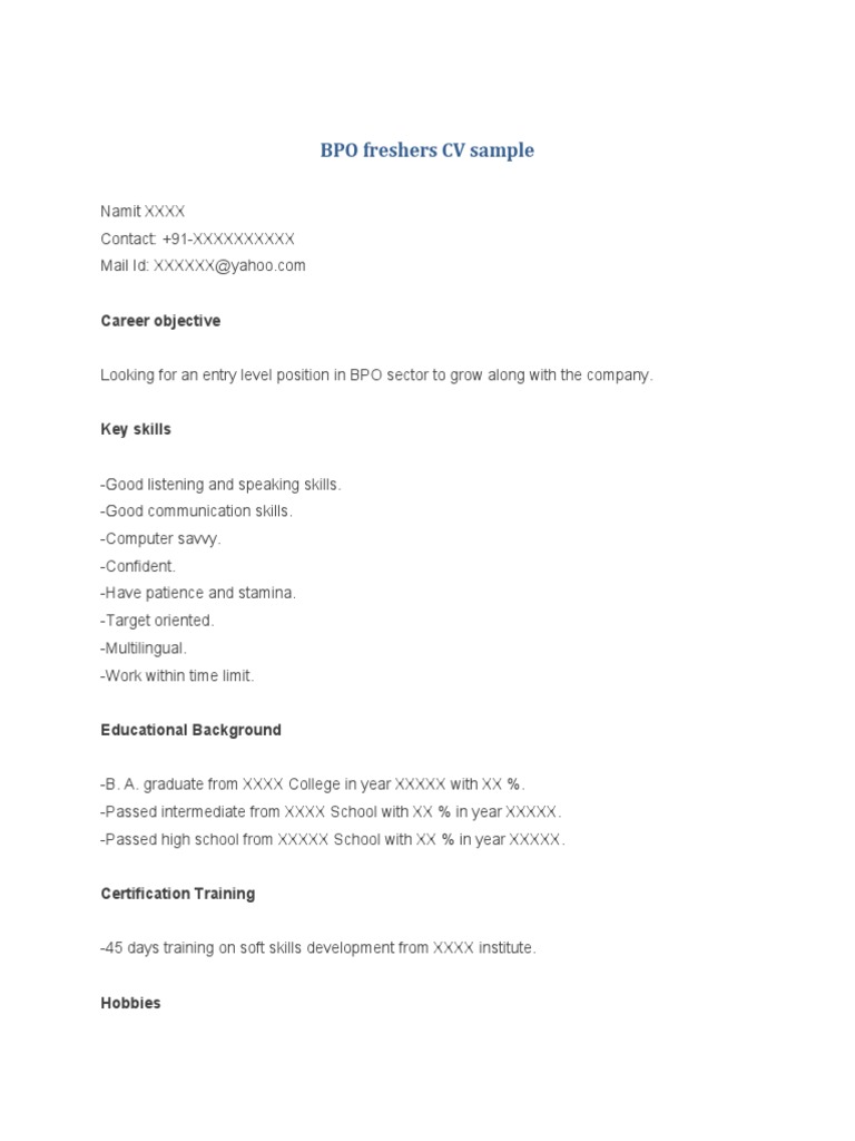 Bpo Freshers CV Sample | PDF