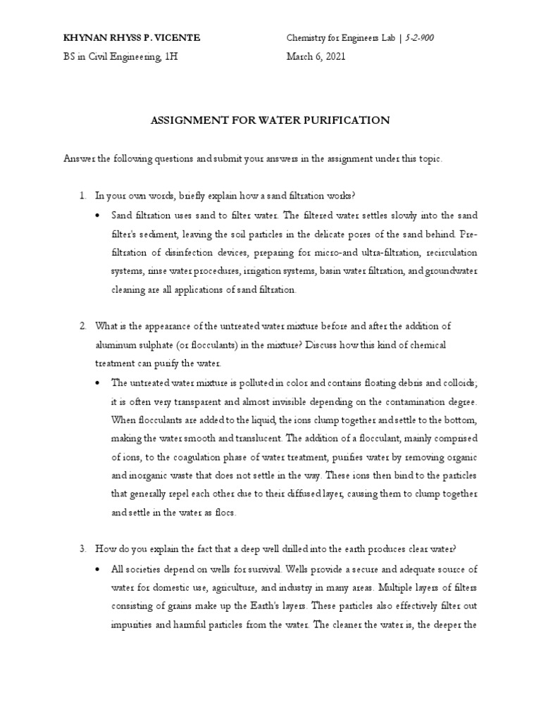 Water Purification Assignment | PDF | Water Purification ...