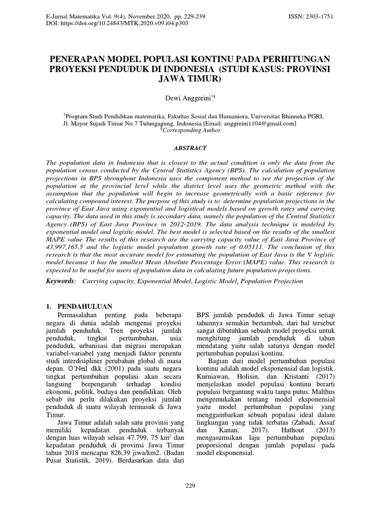 Penerapan Model Populasi Kontinu Pada Perhitungan Proyeksi Penduduk Di ...