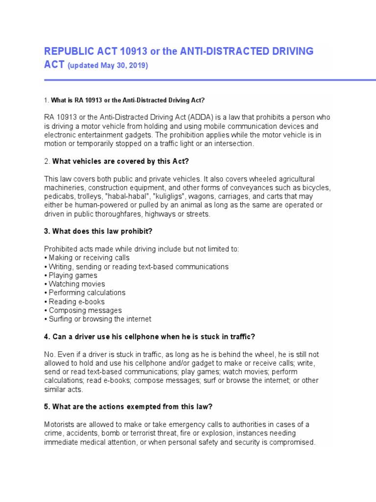 Violations REPUBLIC ACT 10913 or The ANTI-distracted Driving Act | PDF ...