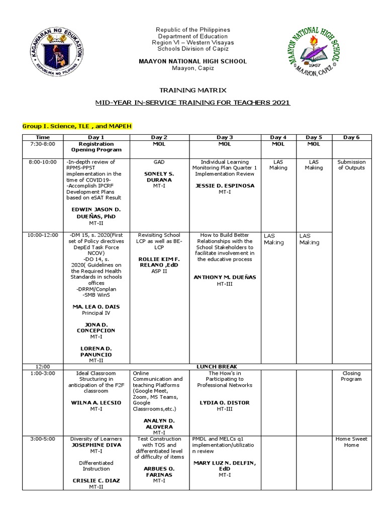 Training Matrix Mid-Year In-Service Training For Teachers 2021 ...