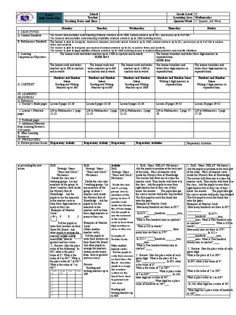 DLL Math Grade2 Quarter1 Week3 | PDF | Numbers | Learning