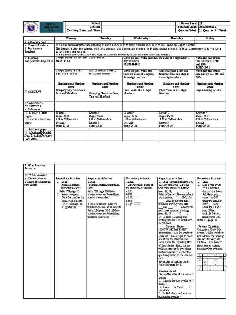DLL Math Grade2 Quarter1 Week2 | PDF | Learning | Communication