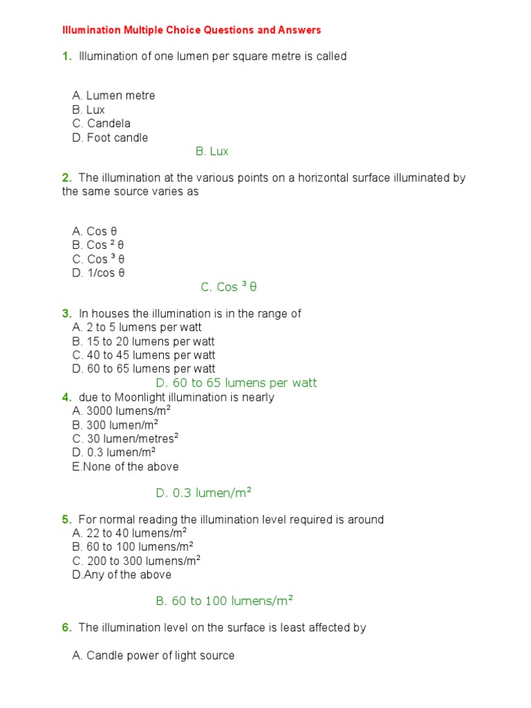 Llumination Multiple Choice Questions and Answers | PDF | Incandescent ...