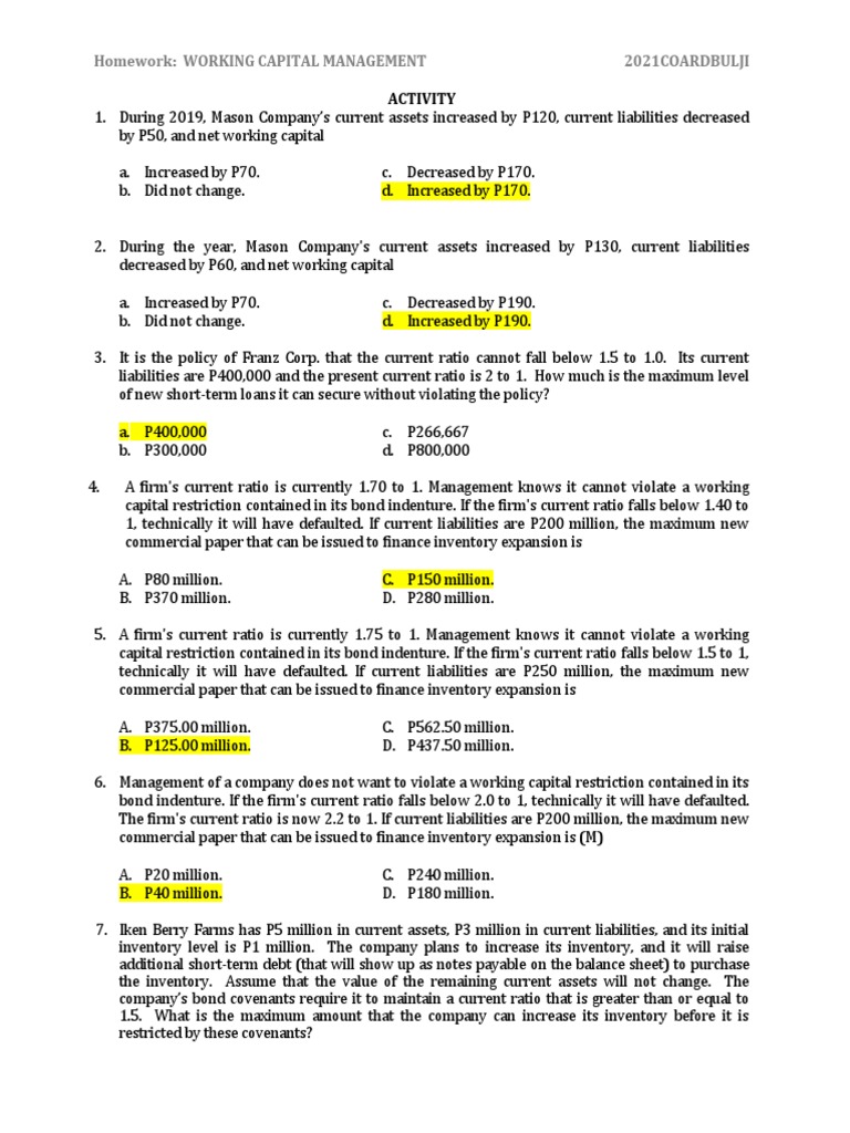 Homework: Working Capital Management 2021coardbulji: Activity | PDF ...
