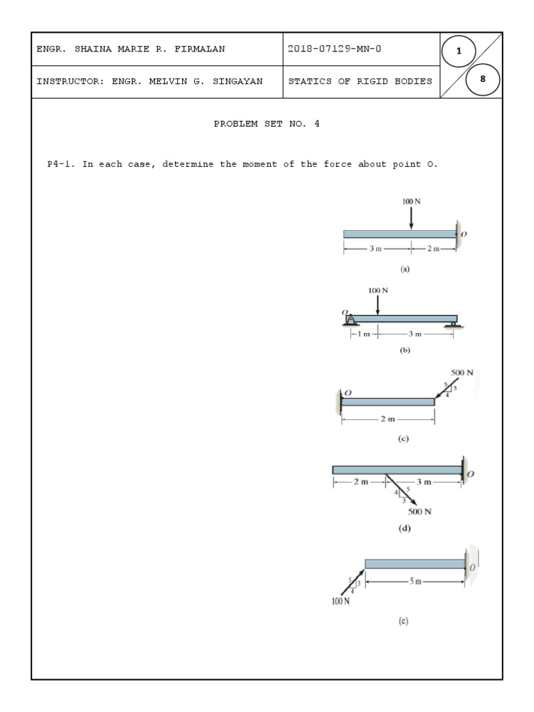 Statics of Rigid Bodies Problem Set No. 4: Calculating Moments of Forces About Points | PDF ...