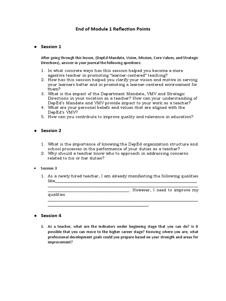 End of Module 1 Reflection Points | PDF | Teachers | Human Nature