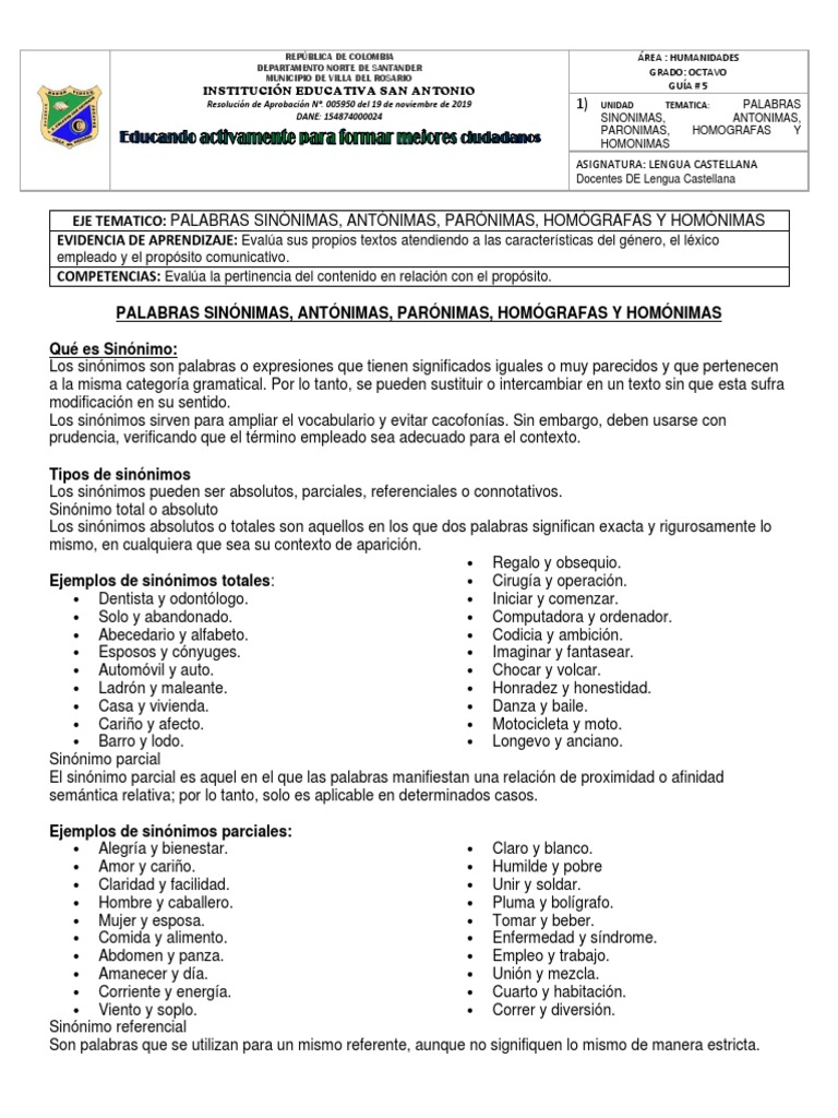 Palabras Sinonimas, Antonimas, Paronimas, Homografas y Homofonas | PDF ...