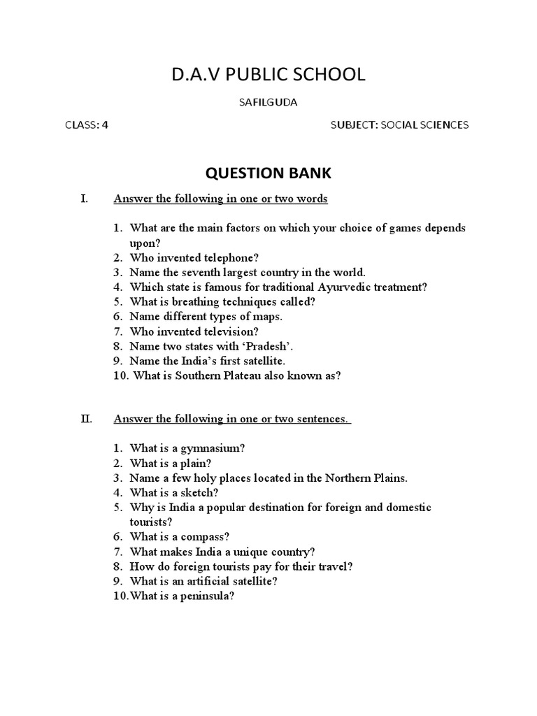 Class Iv Social Ii Term Question Bank | PDF | Tourism And Leisure | Tourism
