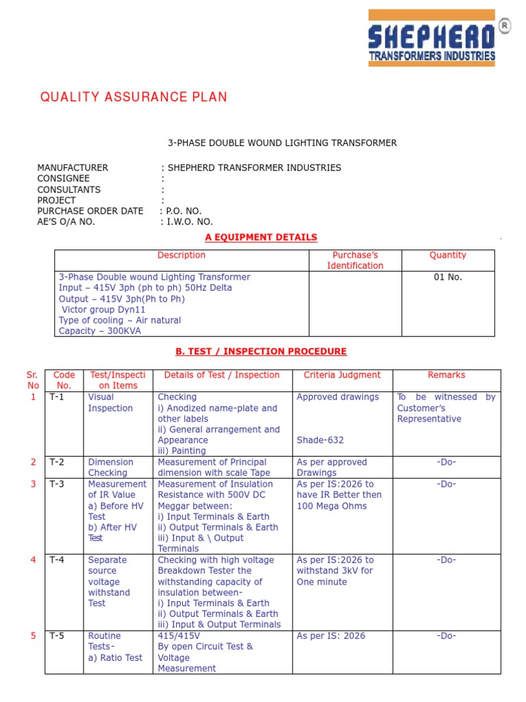 Quality Assurance Plan | PDF | Transformer | Electrical Impedance