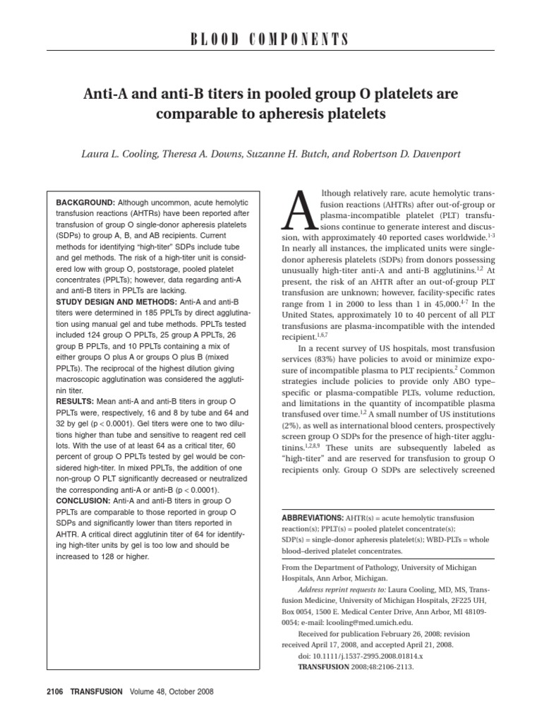 Bloodcomponents: Anti-A and Anti-B Titers in Pooled Group O Platelets Are Comparable To ...