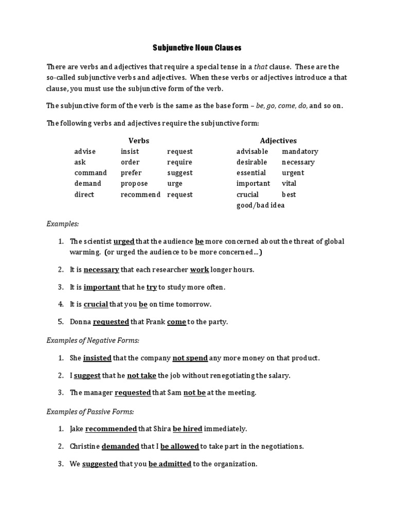 Subjunctive Noun Clauses: Verbs Adjectives | PDF | Verb | Adjective