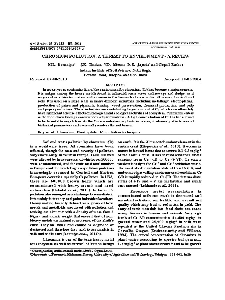 Chromium Pollution - A Threat To Environment - A Review | PDF ...