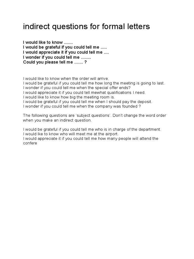 Indirect Questions For Formal Letters | PDF