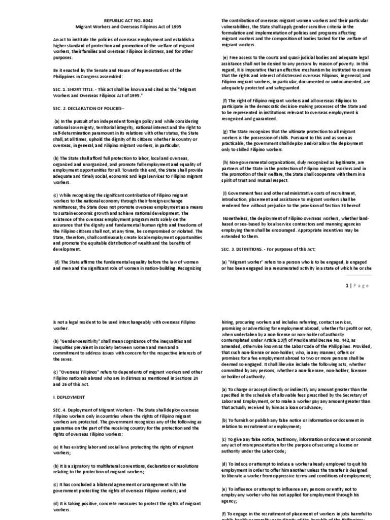 RA 8042 (Migrant Workers and Overseas Filipinos Act) | PDF | Migrant ...