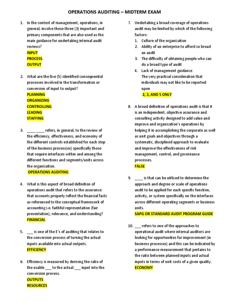 Operations Auditing - Midterm Exam: Input Process Output | Download Free PDF | Internal Audit ...