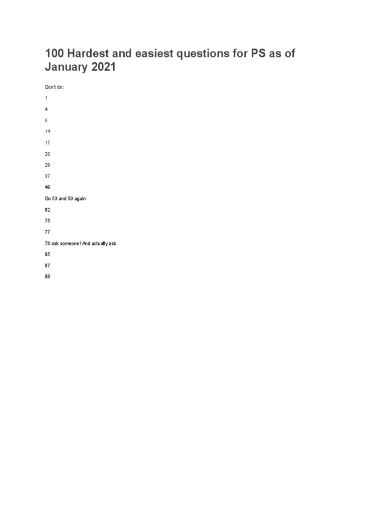 100 Hardest and Easiest Questions For PS As of January 2021: Don't Do ...