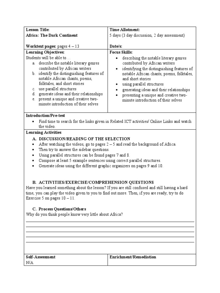 UNIT 1 - Lesson 1 - Africa The Dark Continent | PDF | Reading ...