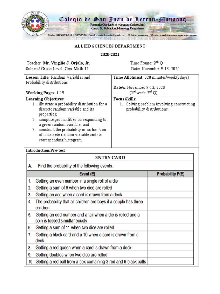 Week 1 of 3rd Quarter Exploring Random Variables | PDF | Probability ...